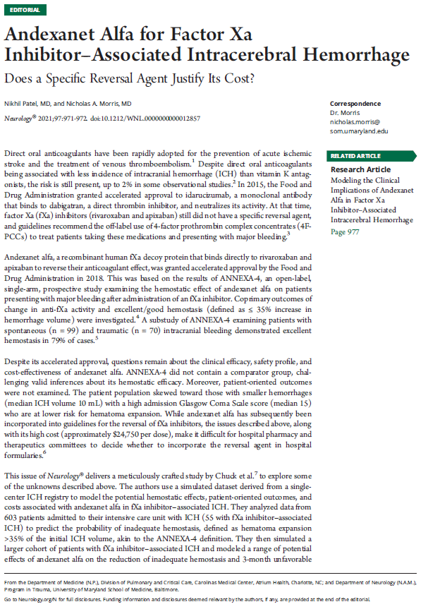 Andexanet Alfa for Factor Xa Inhibitor–Associated Intracerebral ...